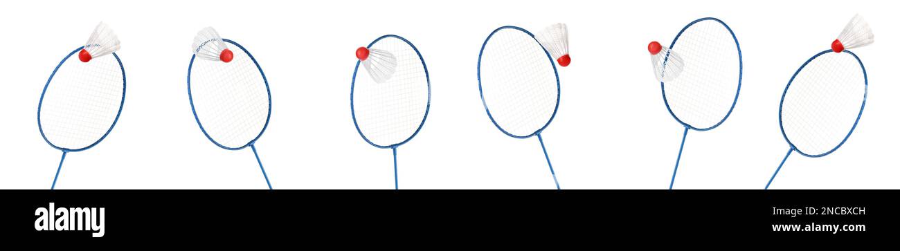 Set with badminton rackets and shuttlecocks on white background. Banner ...