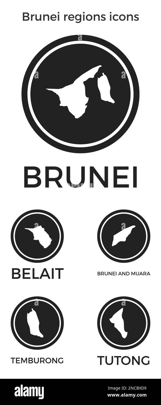 Brunei regions icons. Black round logos with country regions maps and ...