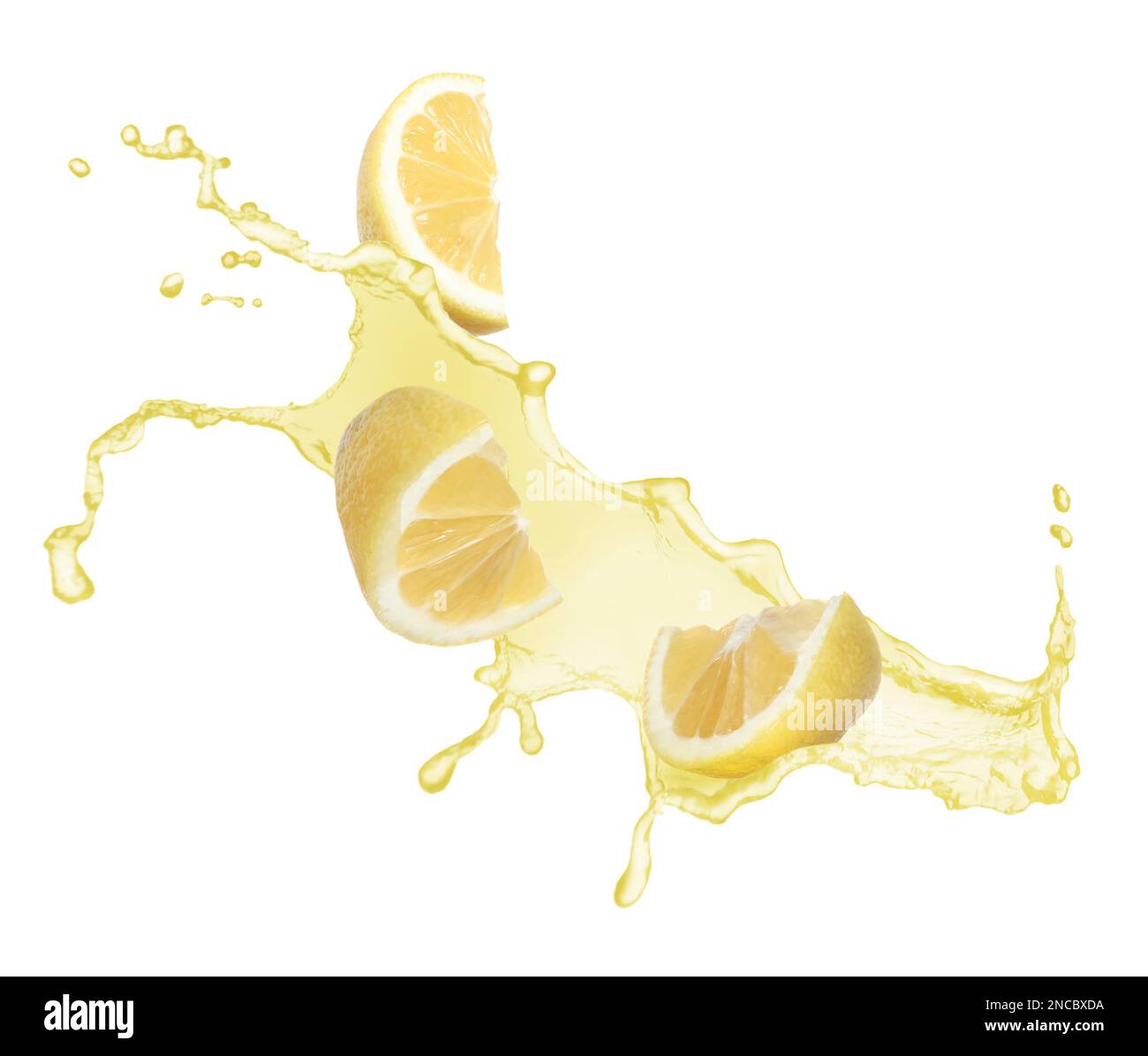 Lemon pieces and splash of juice on white background Stock Photo - Alamy