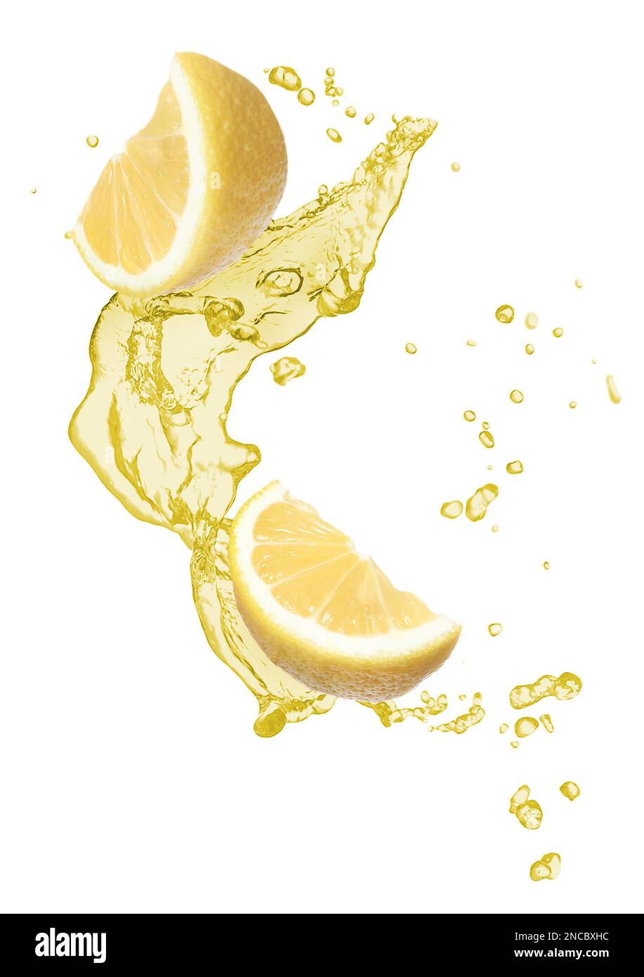Lemon pieces and splash of juice on white background Stock Photo - Alamy