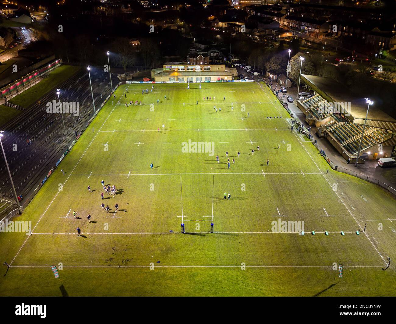 Night time aerial view of the floodlit main Rugby union ground in the ...