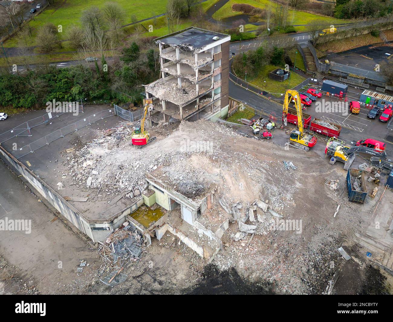 Aerial view of the demolition of the old council offices in the centre ...