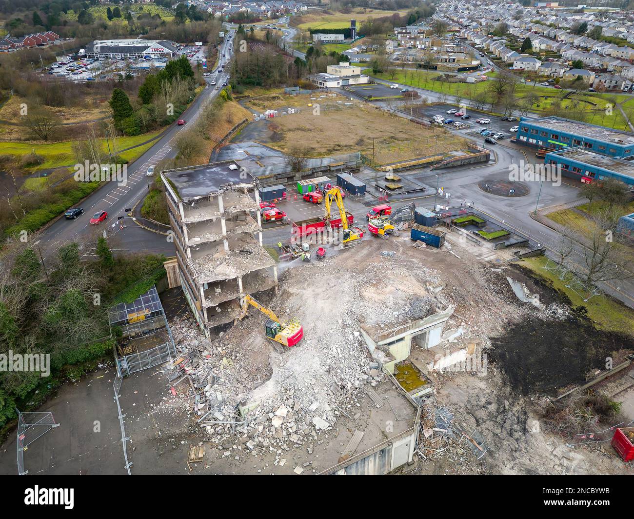 Aerial view of the demolition of the old council offices in the centre ...