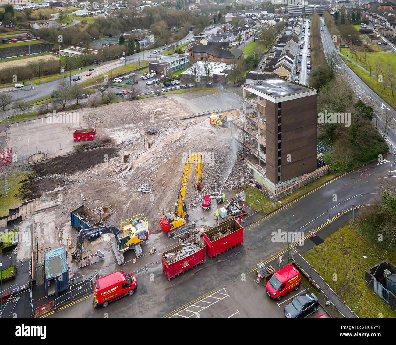 Aerial view of the demolition of the old council offices in the centre ...
