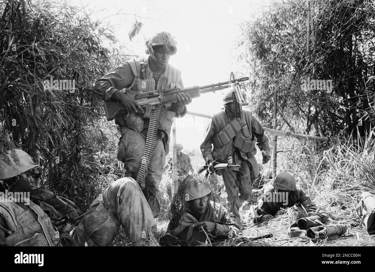 While other Marines hug the ground machine gunners rush forward their ...