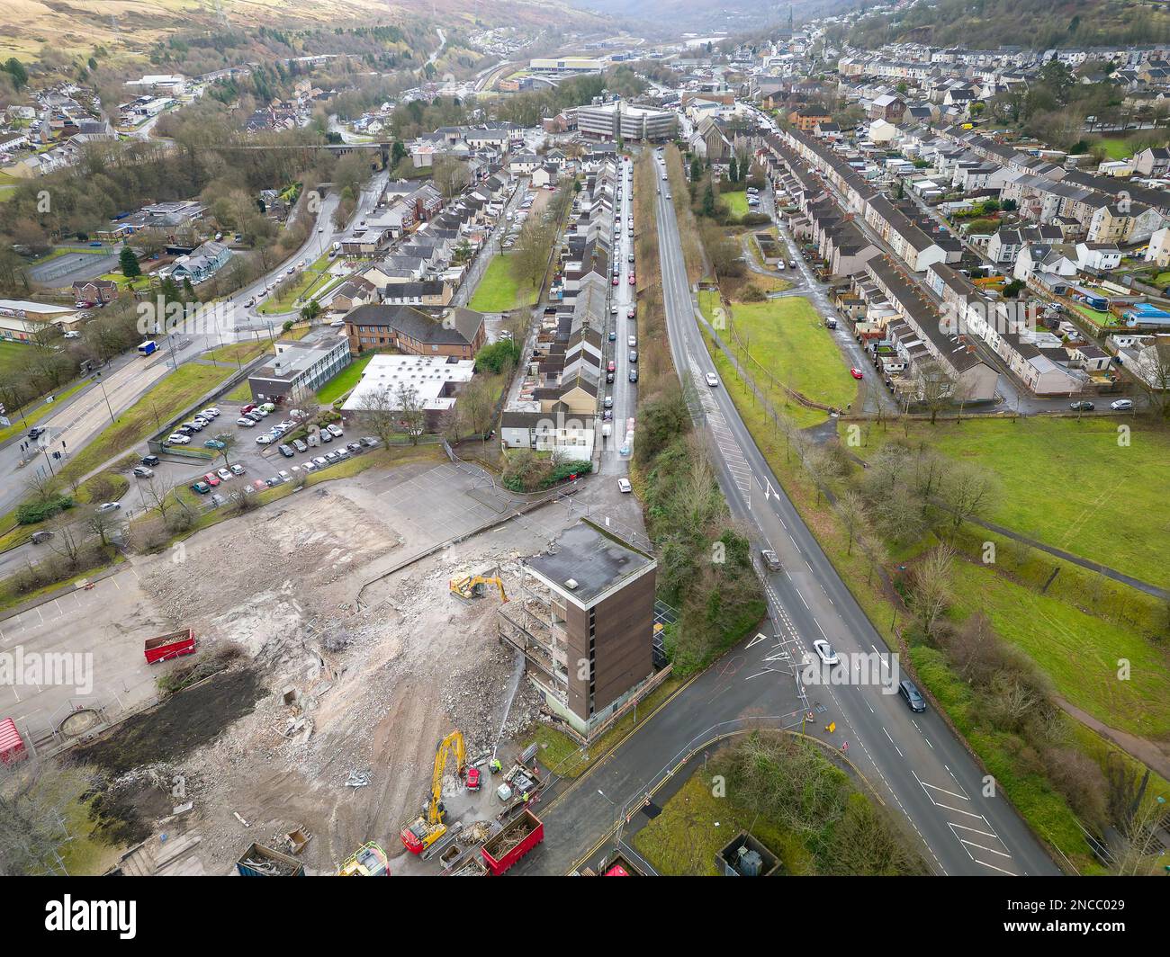 Aerial view of the demolition of the old council offices in the centre ...