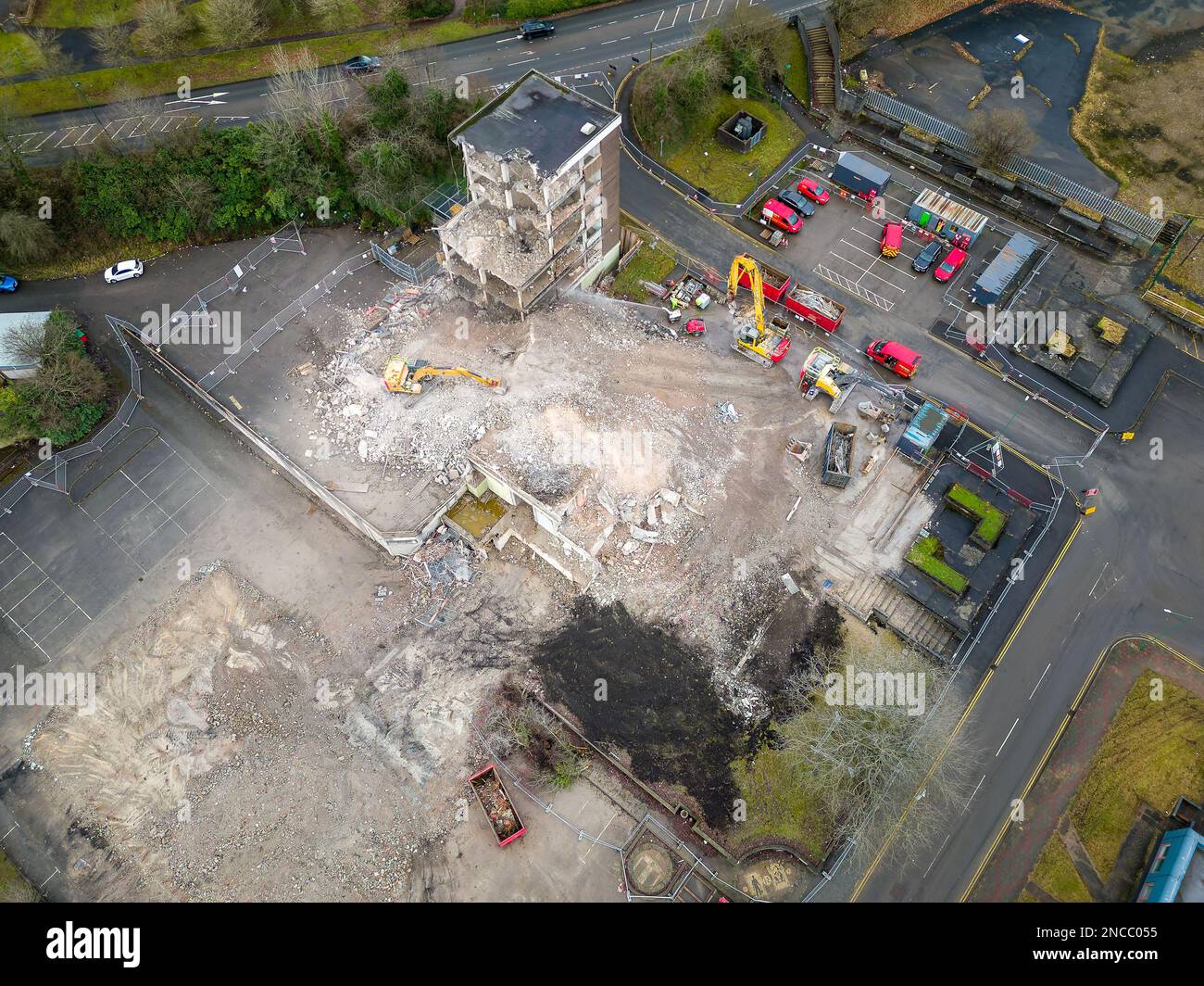 Aerial view of the demolition of the old council offices in the centre ...