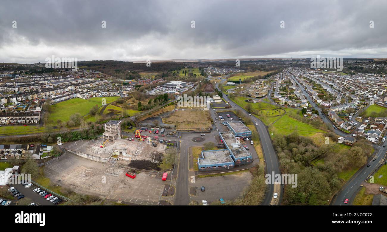 Aerial view of the demolition of the old council offices in the centre ...