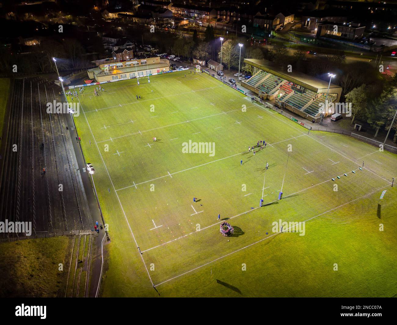 Night time aerial view of the floodlit main Rugby union ground in the ...