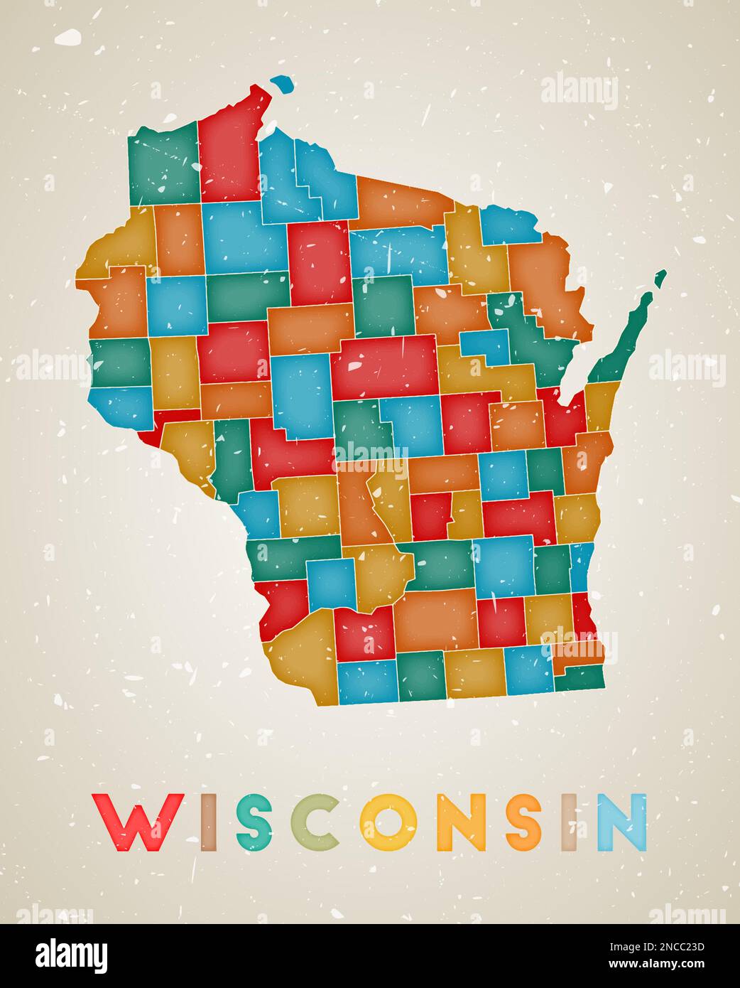 Wisconsin map. US state poster with colored regions. Old grunge texture ...