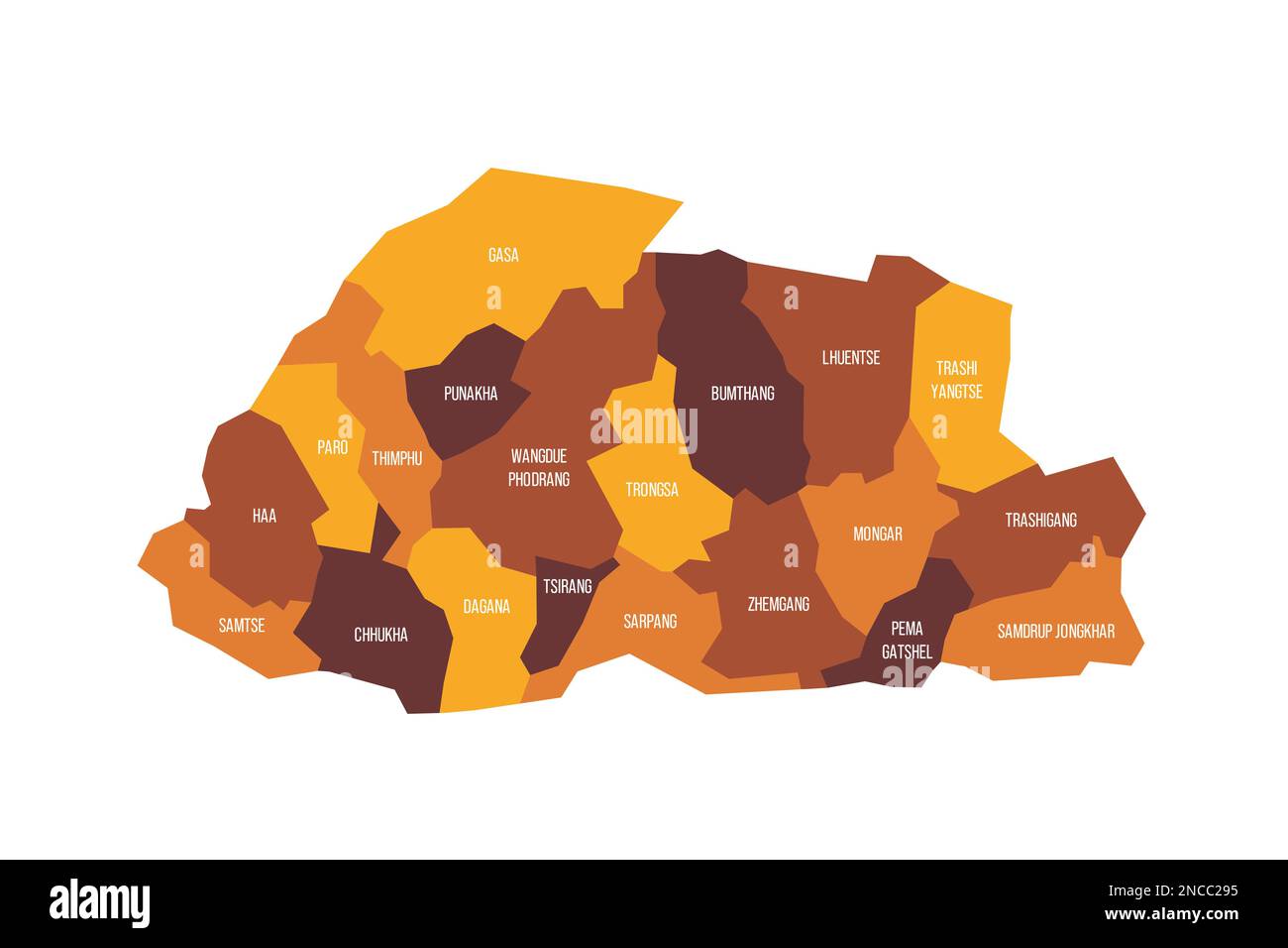 Bhutan political map of administrative divisions - districts. Flat ...