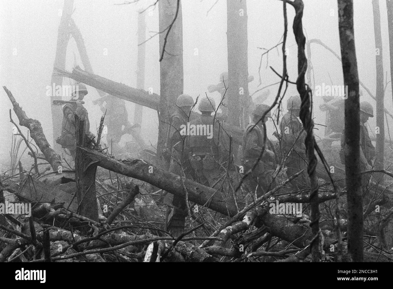 Hindered by thick fog, U.S. Marines attached to the 9th regiment, look ...