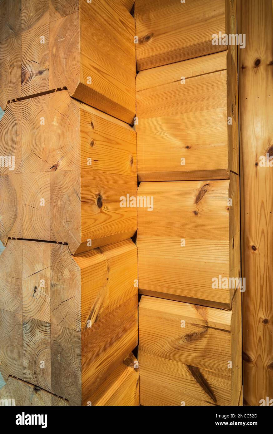Close-up of manufactured Scots pinewood beams used to construct wall ...
