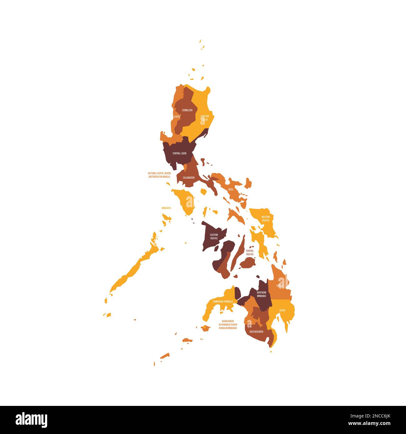 Philippines political map of administrative divisions - regions. Flat vector map with name ...