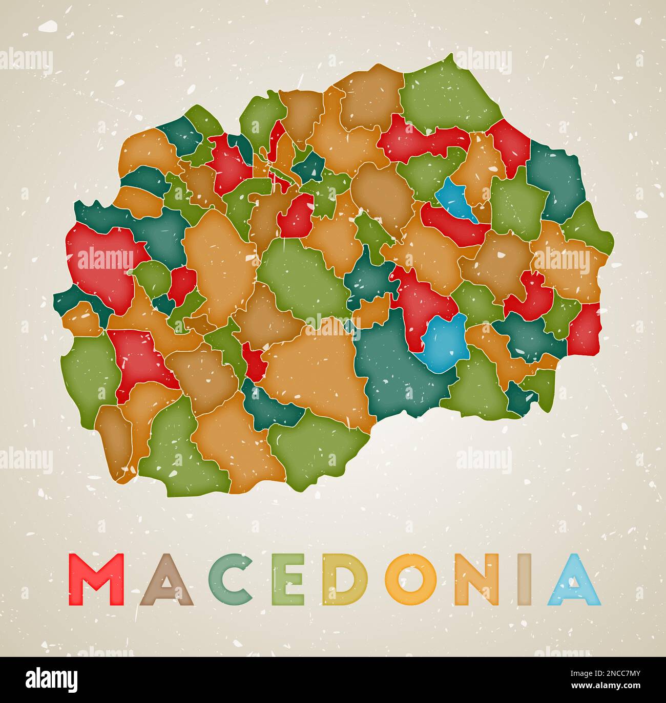 Macedonia map. Country poster with colored regions. Old grunge texture ...