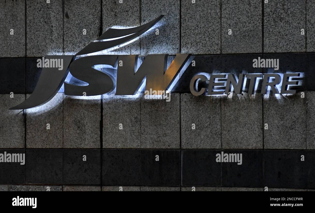 Mumbai, India. 14th Feb, 2023. Jindal South West (JSW) logo is seen ...