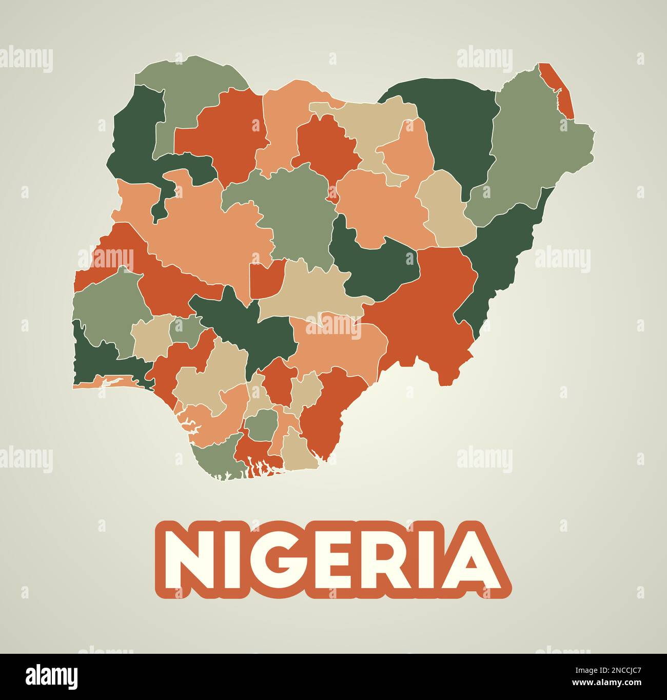 Nigeria poster in retro style. Map of the country with regions in ...