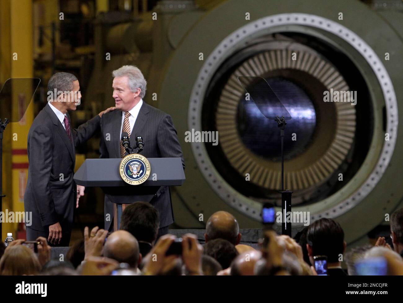President Barack Obama is introduced by GE CEO Jeffrey Immelt, whom he ...