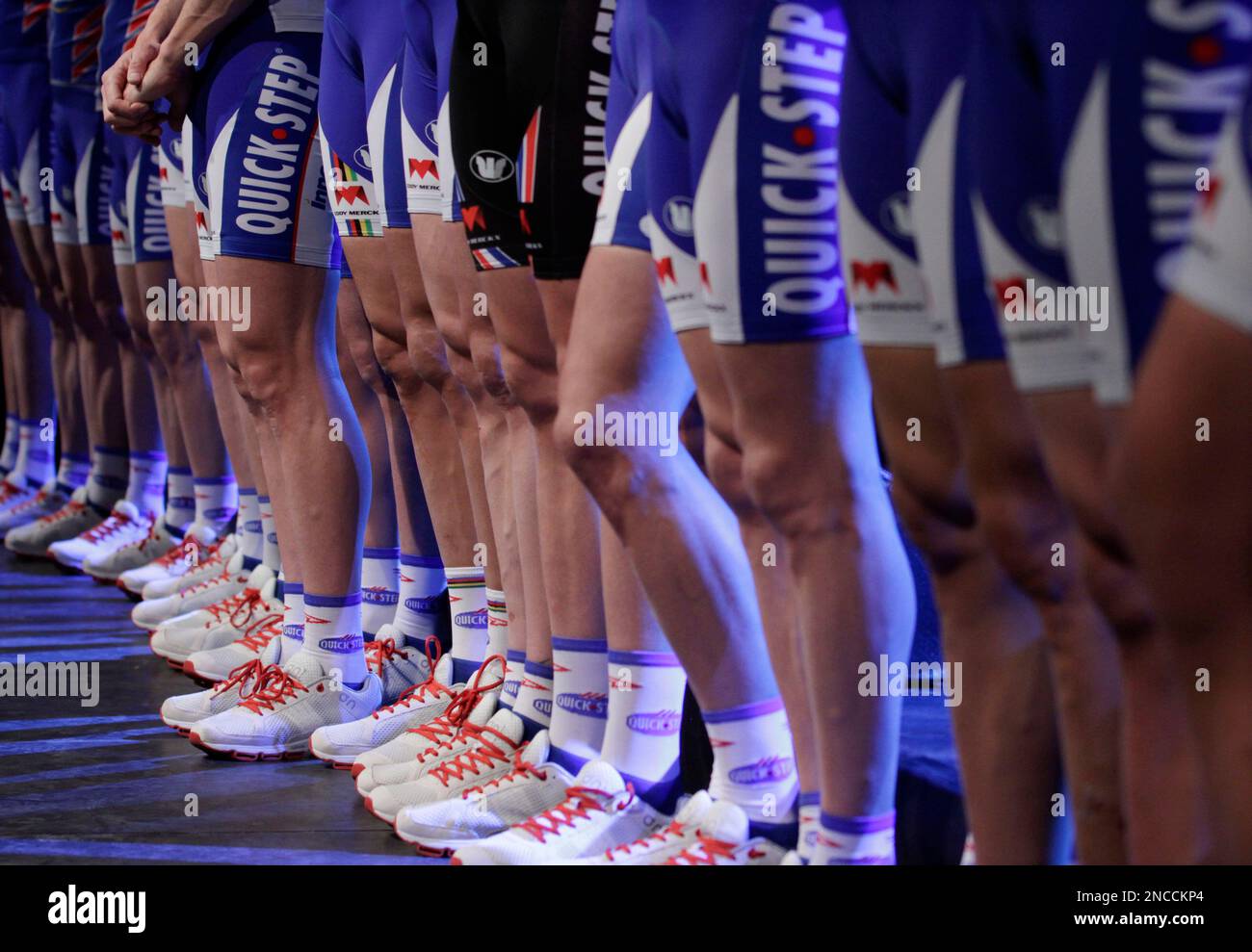 Quick Step team cyclists pose on the podium, during the Quick Step ...