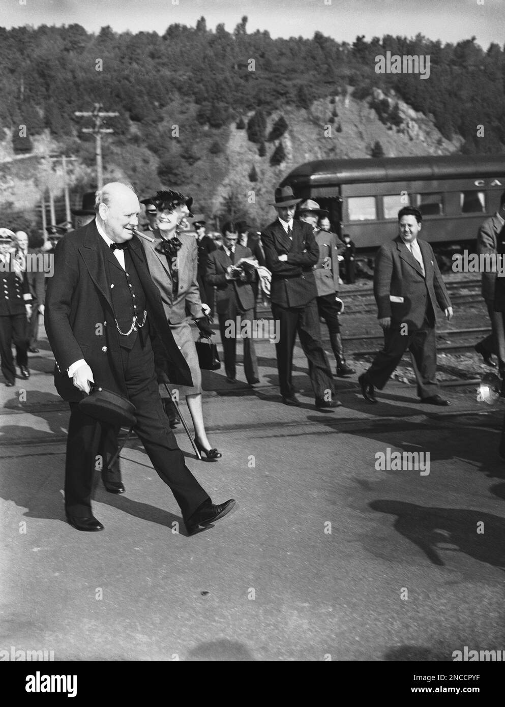 Prime Minister Winston Churchill and Mrs. Winston Churchill leave train ...