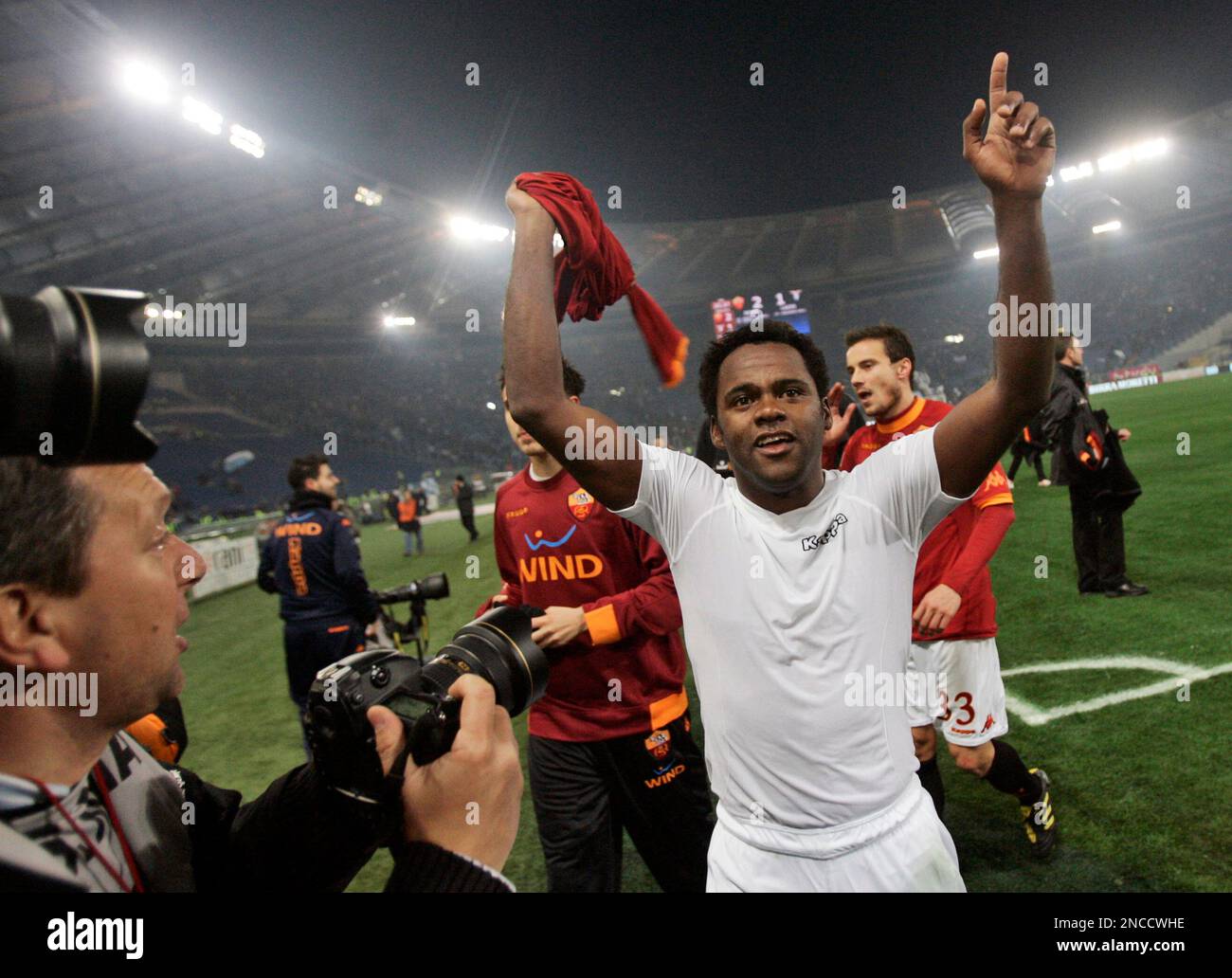 AS Roma midfielder Fabio Simplicio, of Brazil, greets fans at the end ...