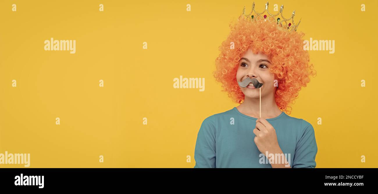 new style. funny child with party moustache. selfish teen girl in tiara ...