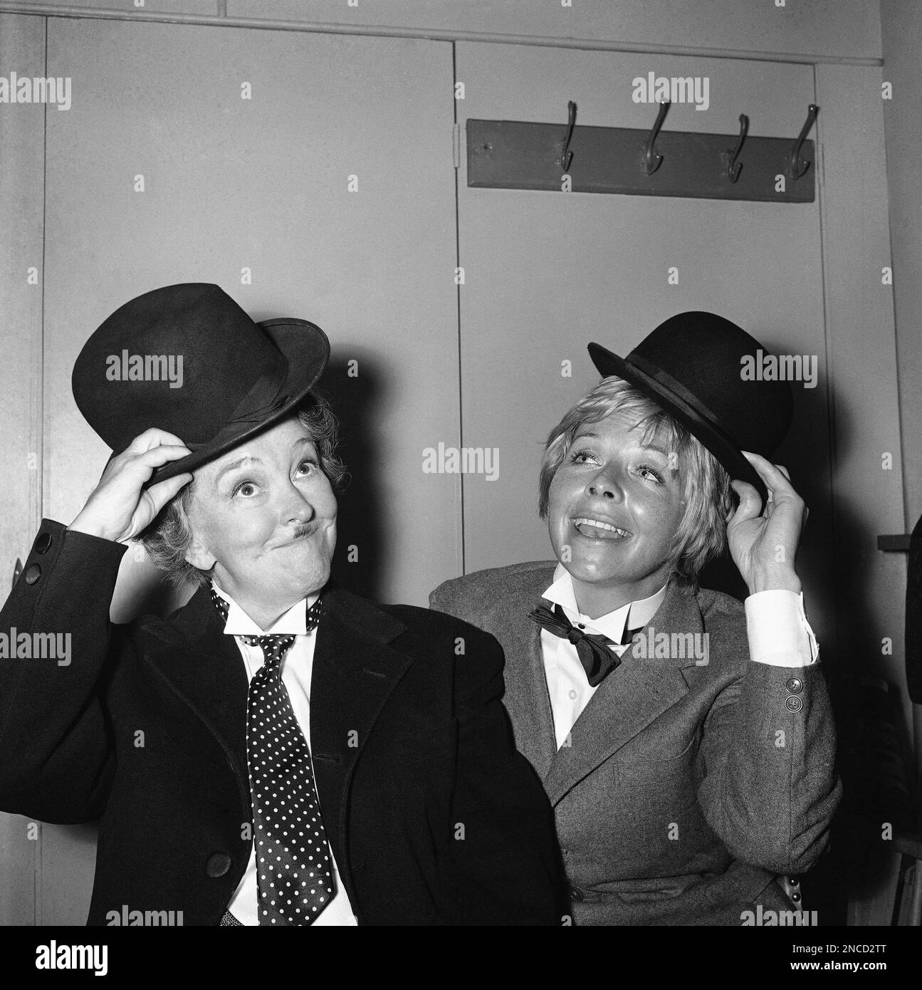 Actresses Beryl Reid as Oliver Hardy, left, and Susannah York as Stan ...