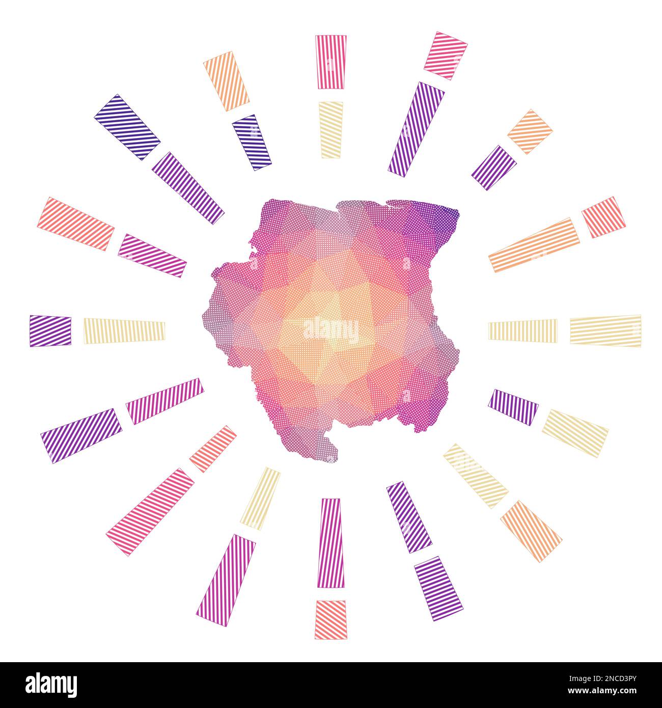 Suriname sunburst. Low poly striped rays and map of the country. Superb vector illustration ...