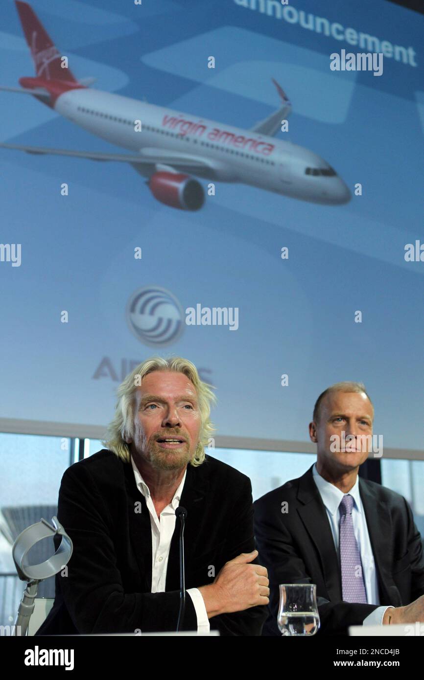 Virgin founder Sir Richard Branson, left, speaks as Airbus CEO Tom ...