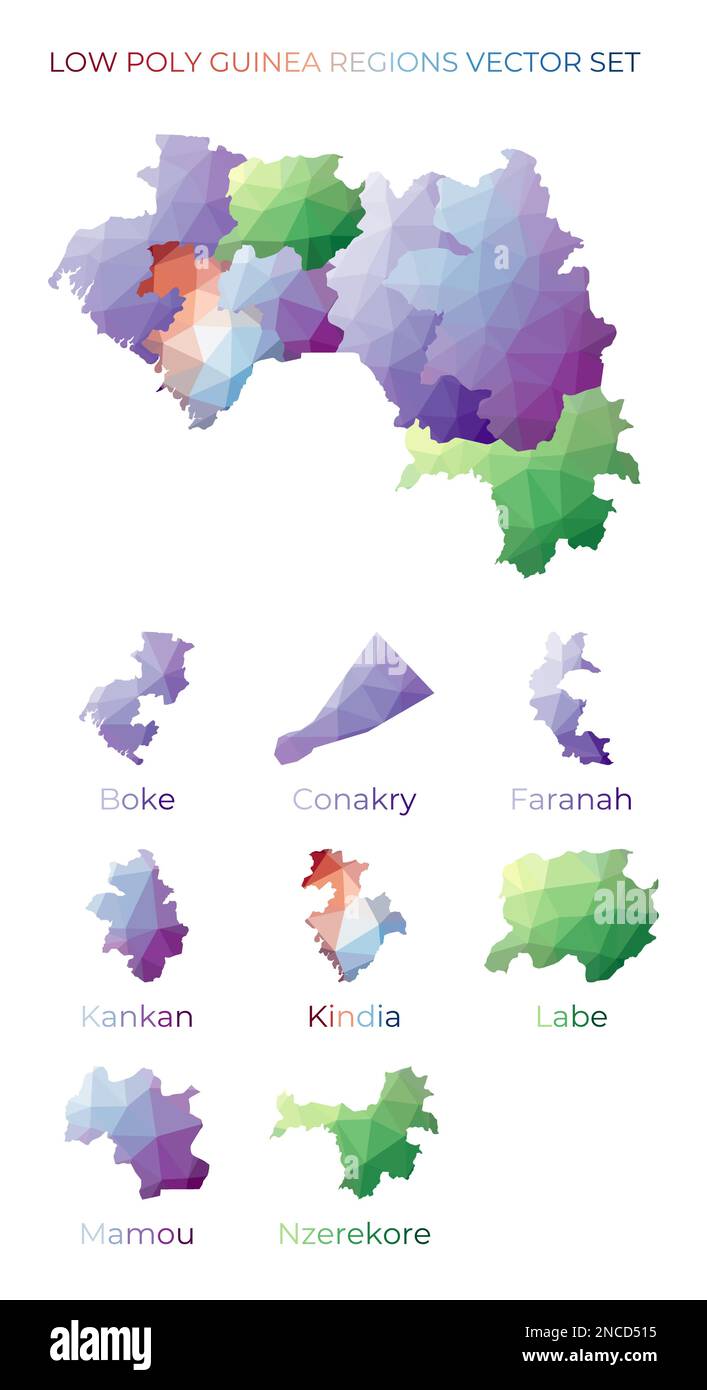 Guinean low poly regions. Polygonal map of Guinea with regions. Geometric maps for your design ...