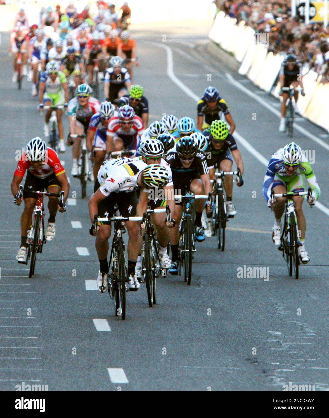 Matt Goss of Australia, riding for team HTC - Highroad, looks for his ...