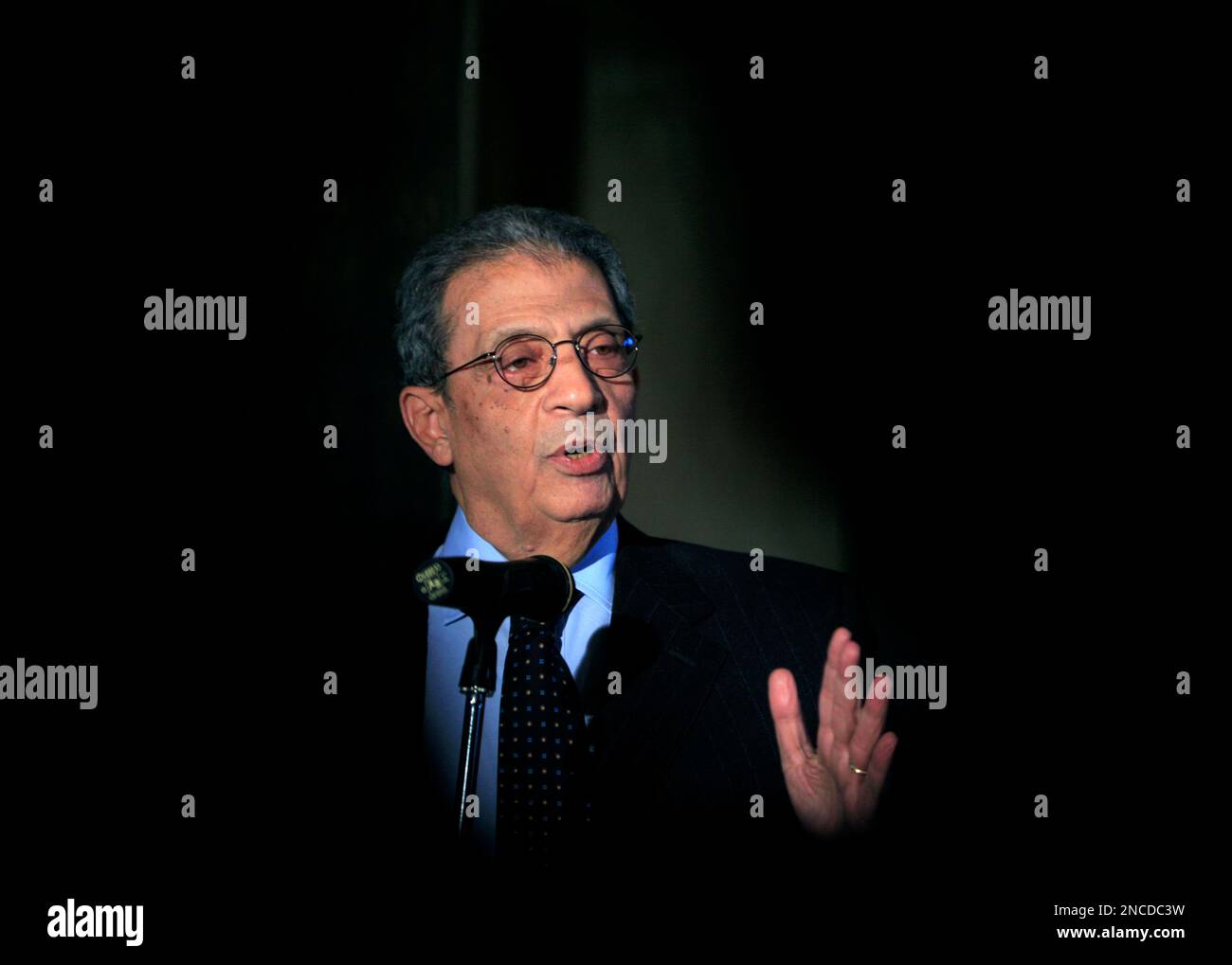 Secretary general of the Arab League, Amr Moussa, talks during a press ...