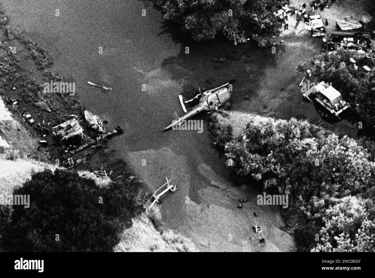 Aerial view of wreckage of helicopter which crashed killing actor Vic Morrow, star of television ...