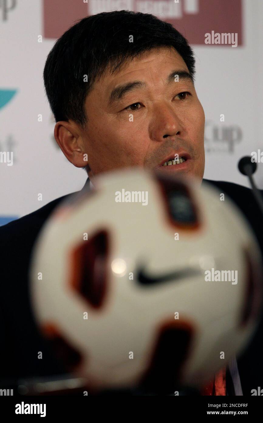 North Korea's national team coach Kim Jong-Hun, speaks during a press ...