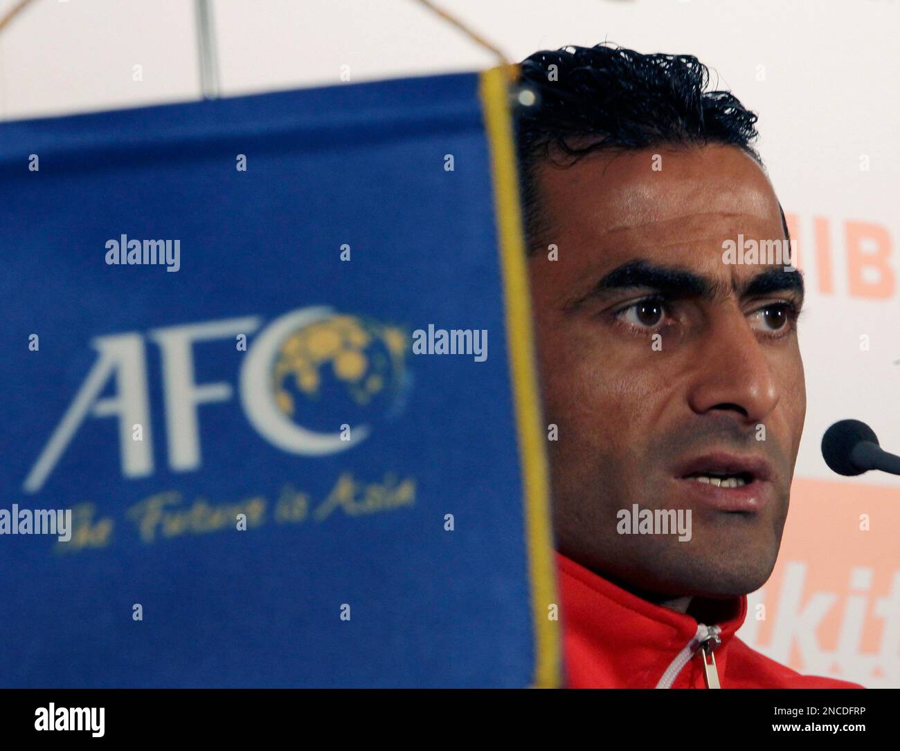 Iraq's national team player Mahdi Kareem, speaks during a press ...