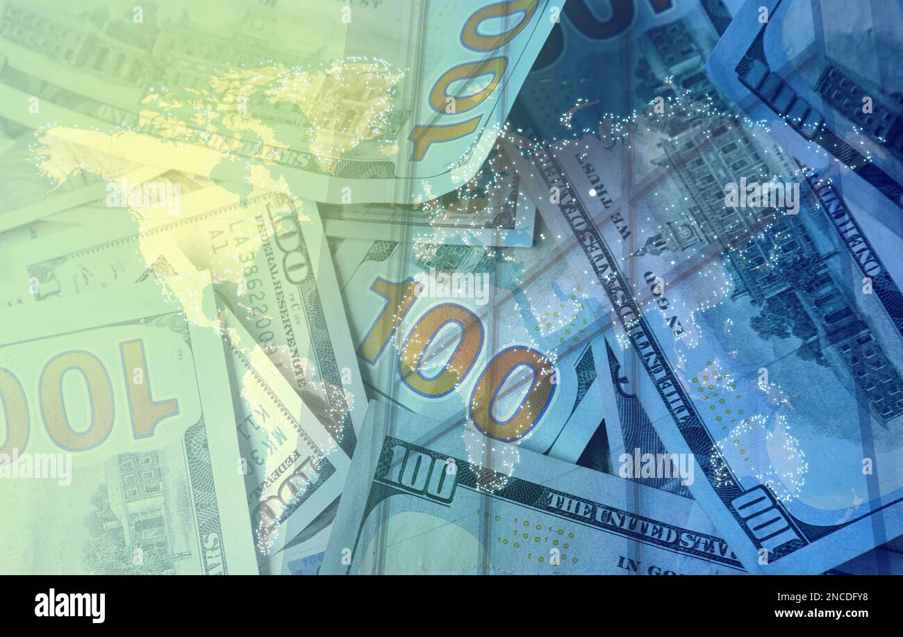 Multiple exposure of money, world map and building. Online payment ...