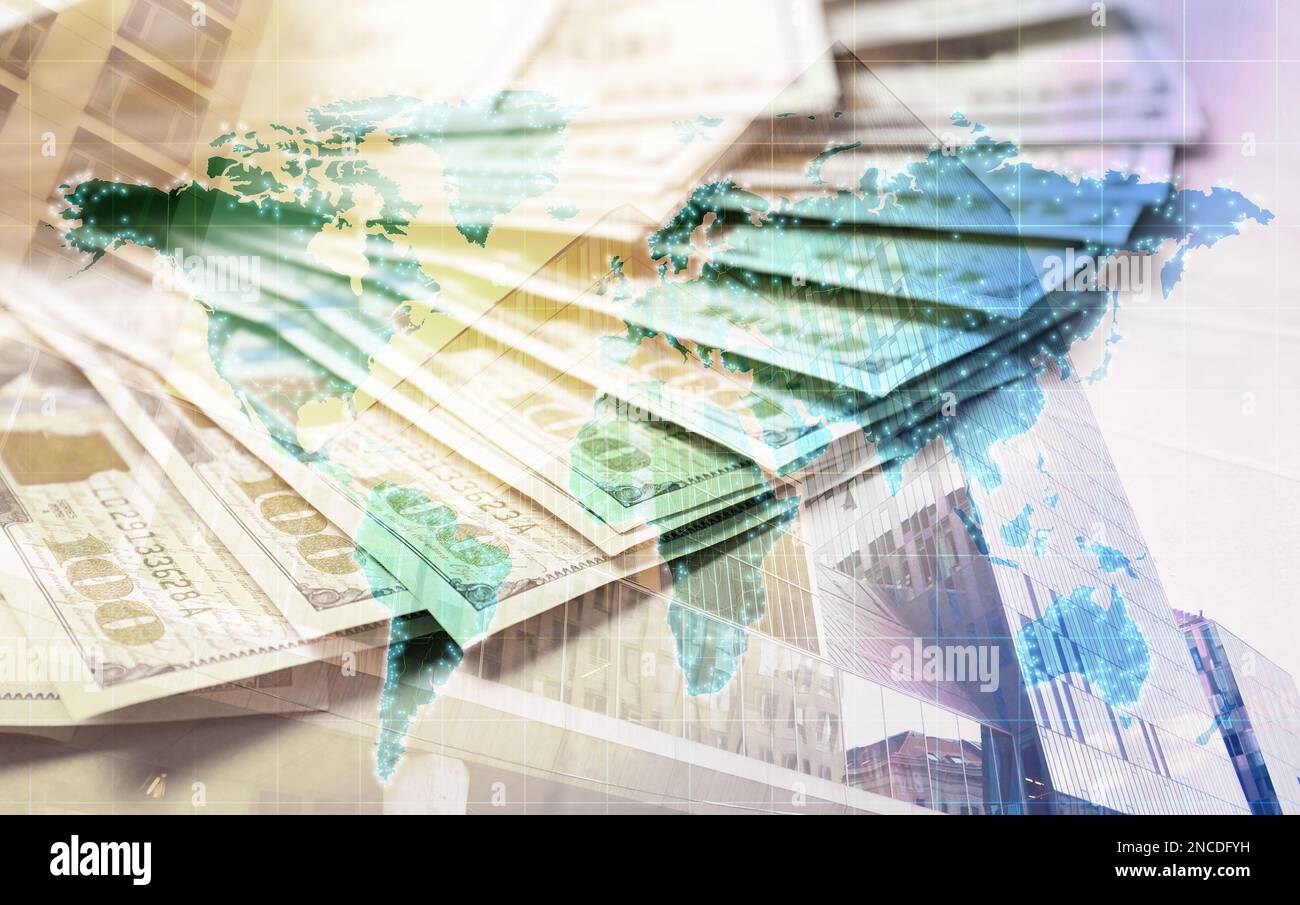 Multiple exposure of money, world map and building. Online payment ...