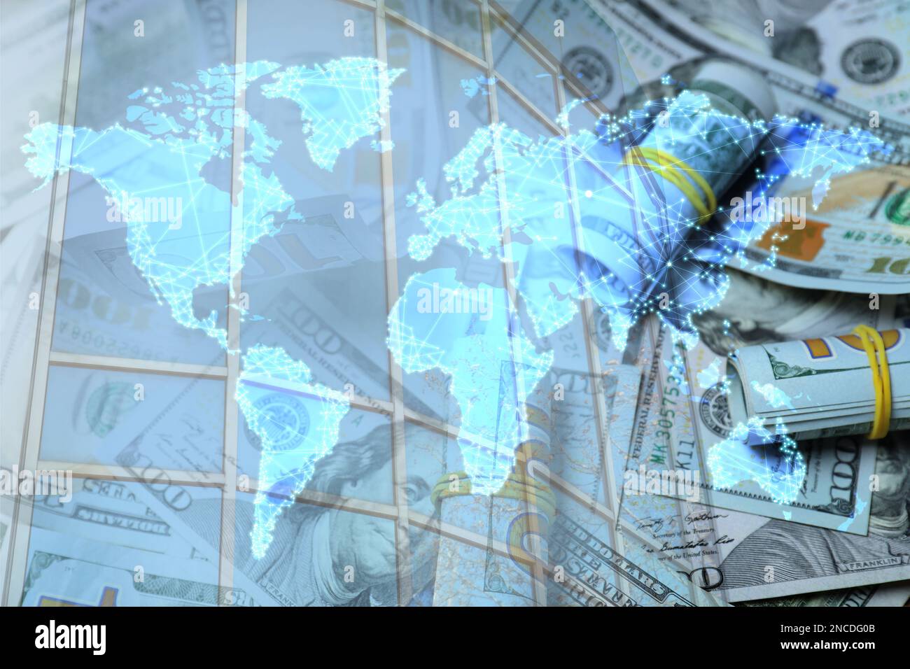 Multiple exposure of money, world map and building. Online payment ...