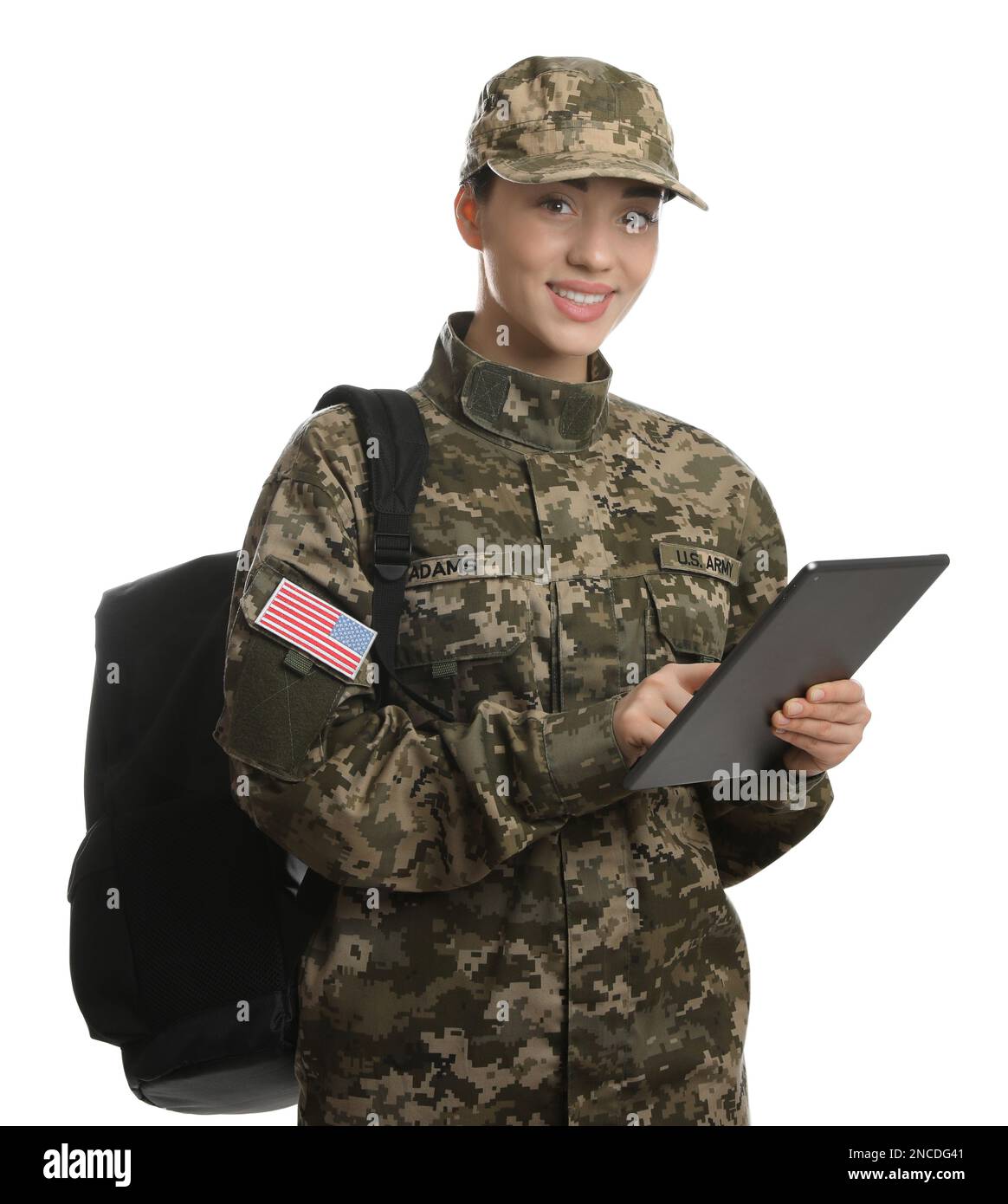 Female soldier with tablet and backpack on white background. Military ...