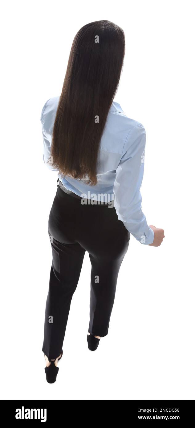 Young businesswoman in elegant suit on white background, back view ...