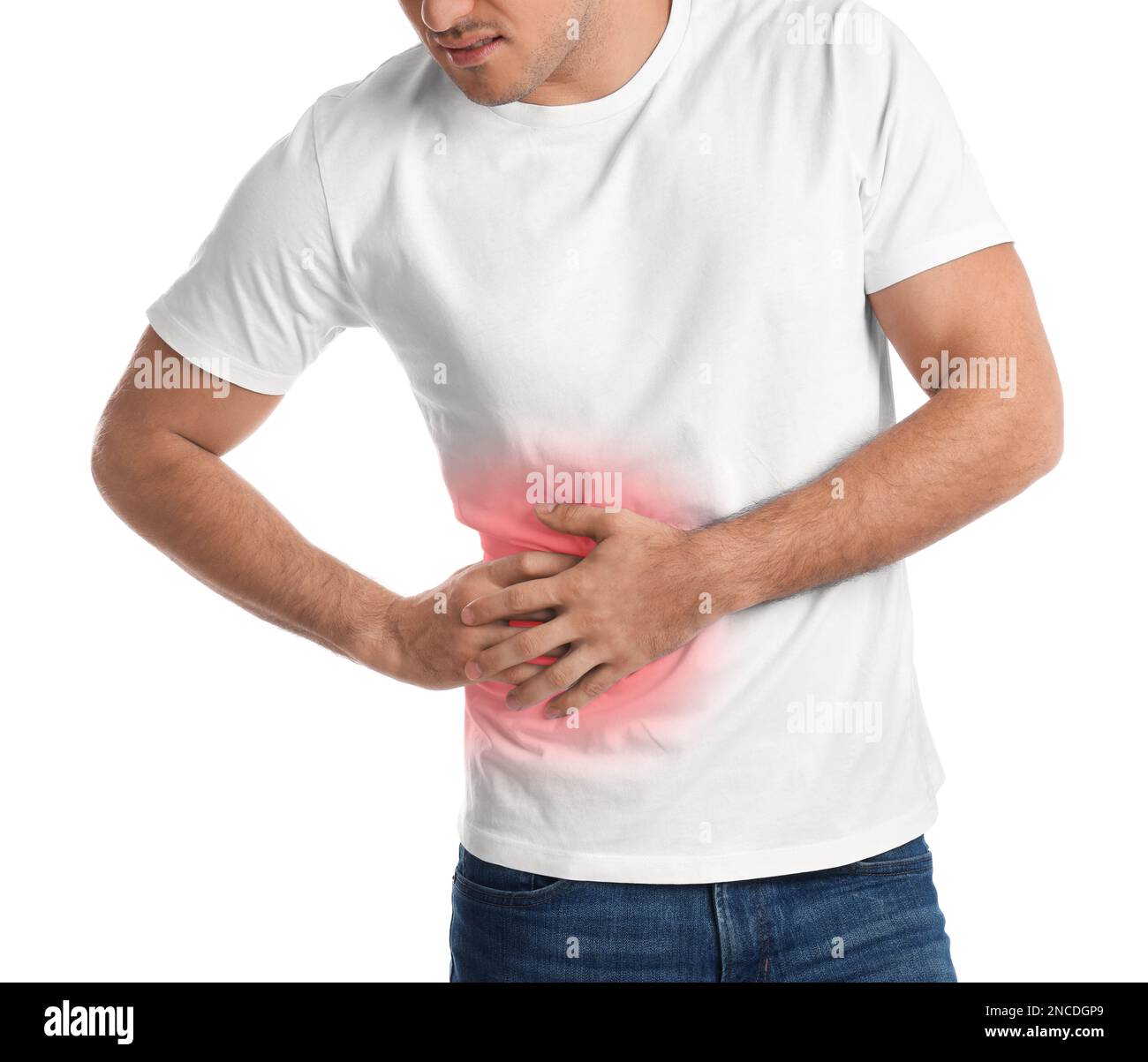 Man suffering from liver pain on white background, closeup Stock Photo ...