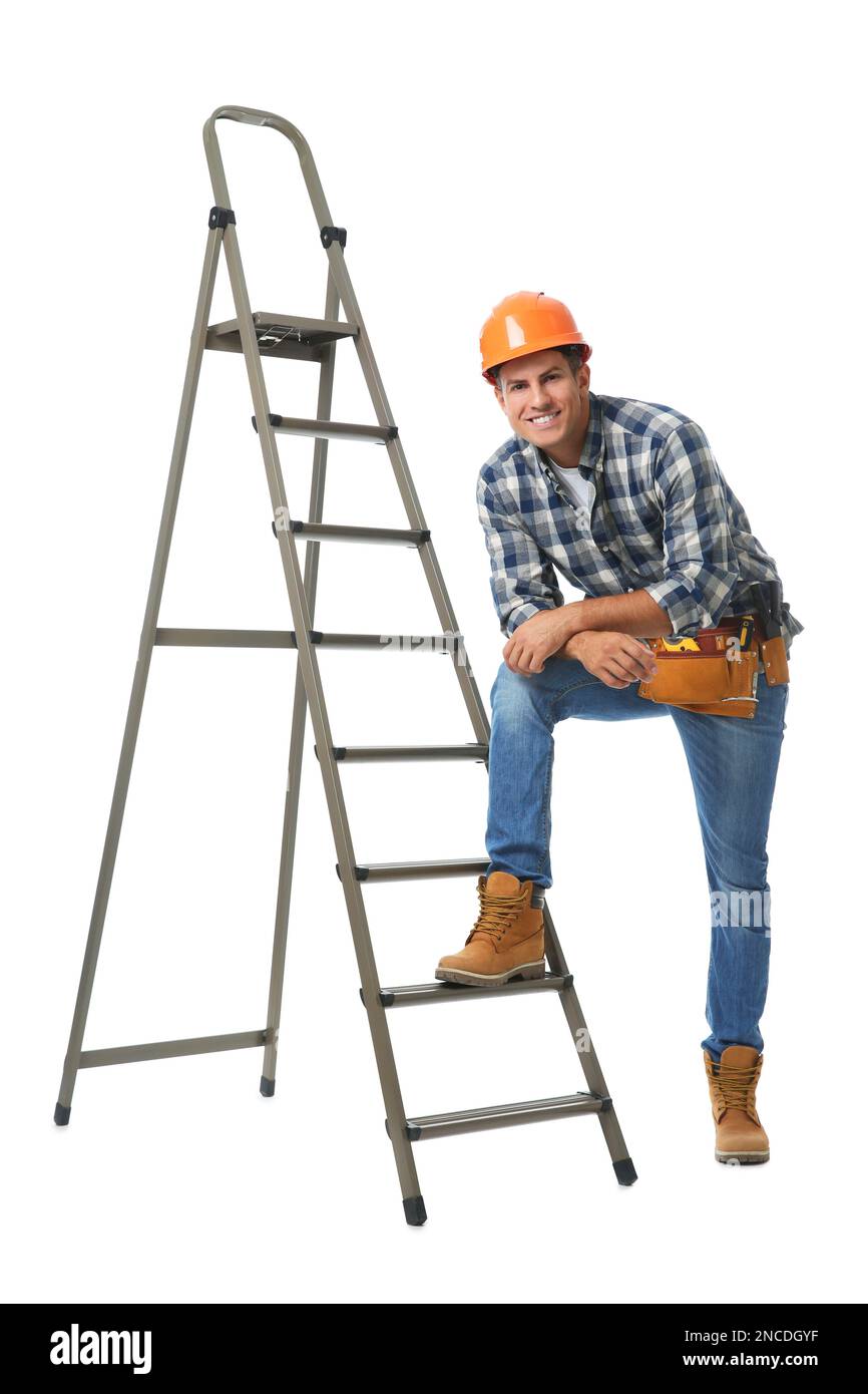 Professional builder near metal ladder on white background Stock Photo ...
