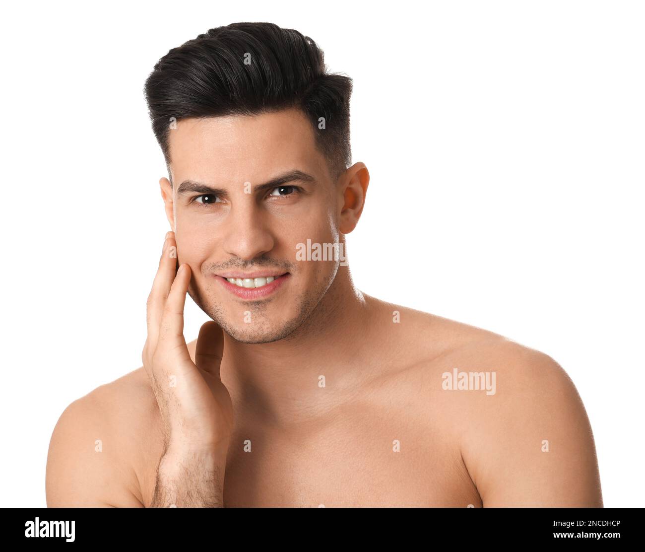 Handsome man with stubble before shaving on white background Stock ...