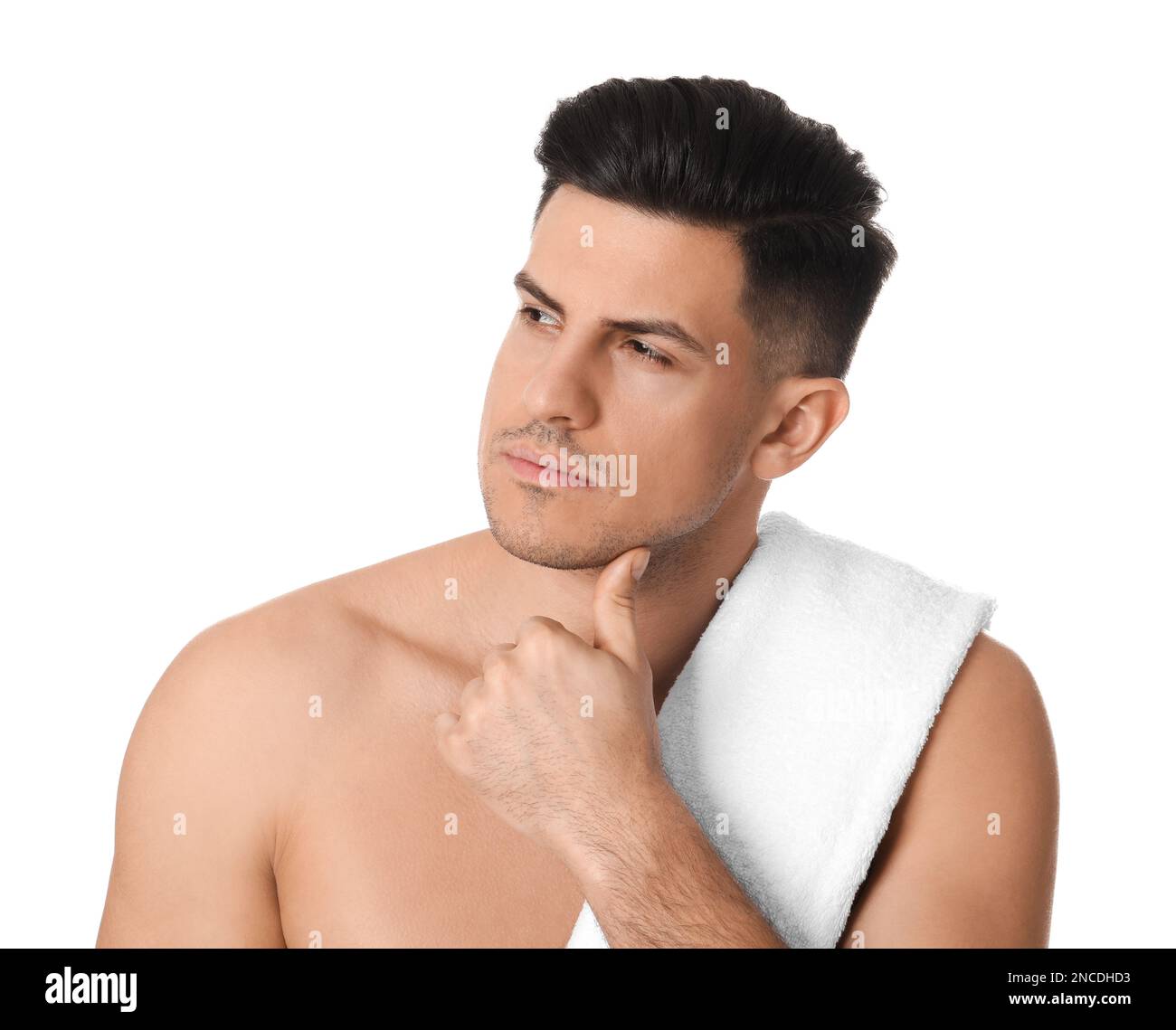 Handsome man with stubble before shaving on white background Stock ...
