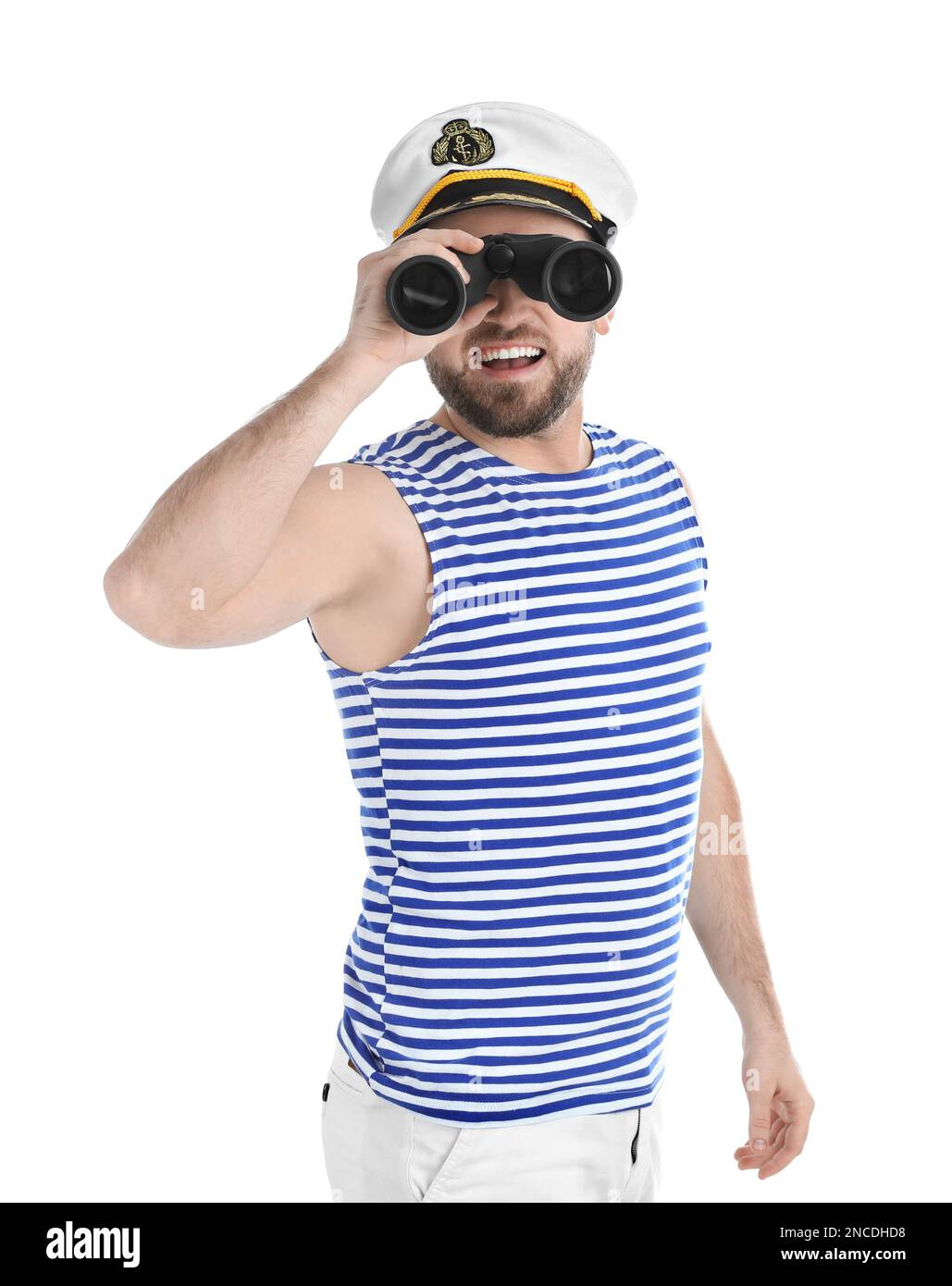 Happy sailor looking through binoculars on white background Stock Photo ...