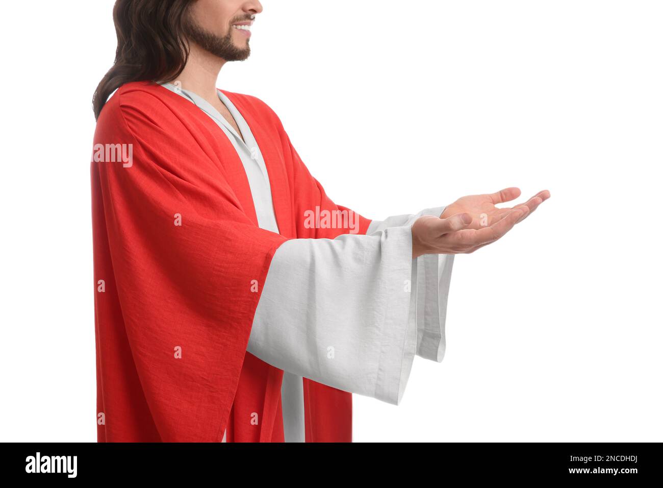 Jesus Christ reaching out his hands on white background, closeup Stock ...