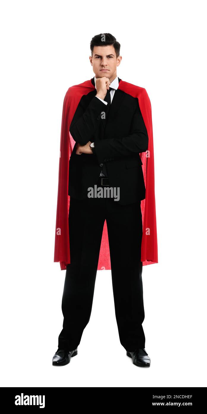 Man wearing superhero cape on white background Stock Photo - Alamy