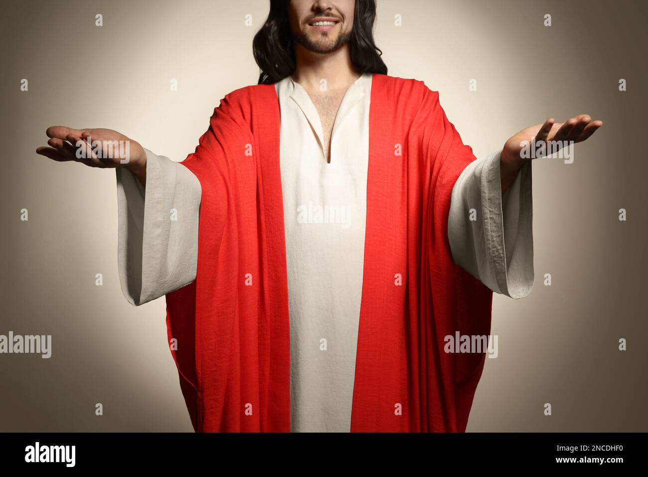 Jesus Christ with outstretched arms on beige background, closeup Stock ...