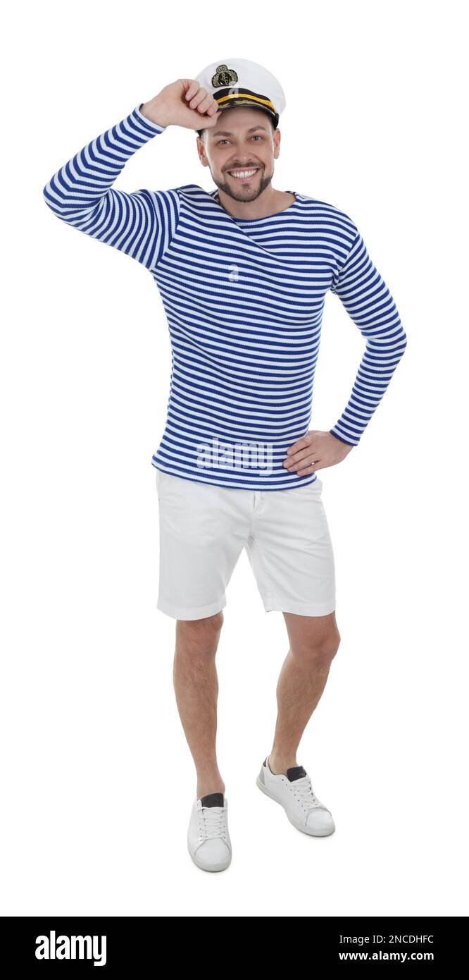 Happy sailor wearing cap on white background Stock Photo - Alamy