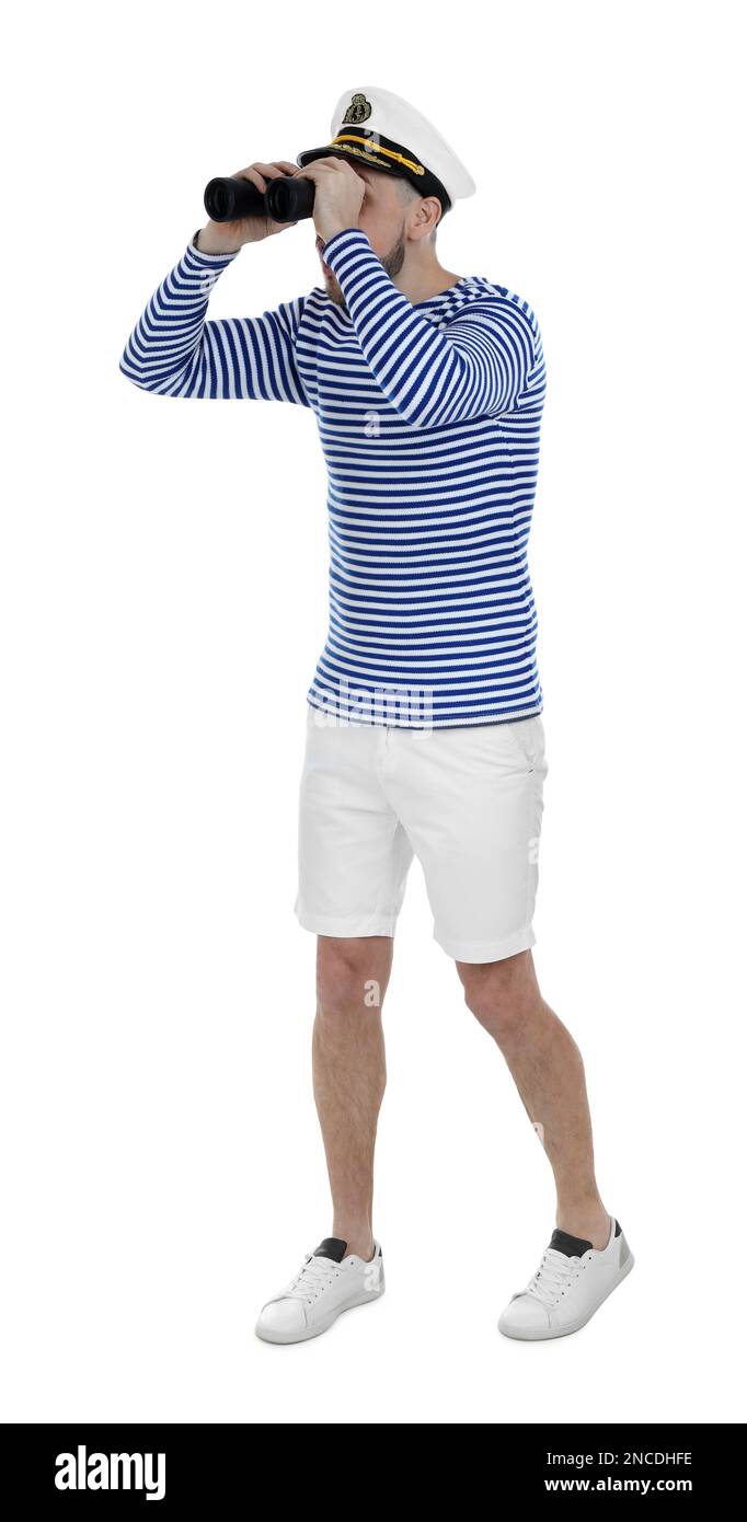Sailor looking through binoculars on white background Stock Photo - Alamy